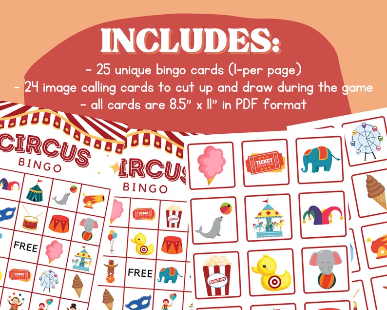 Circus Carnival Bingo Game, Kids Teens Adults Family Birthday Activity ...