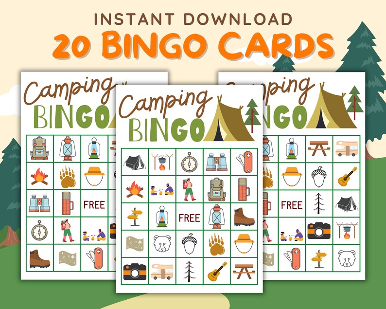 Camping Bingo Printable, Kids Teens Birthday Party Activity, Nature ...