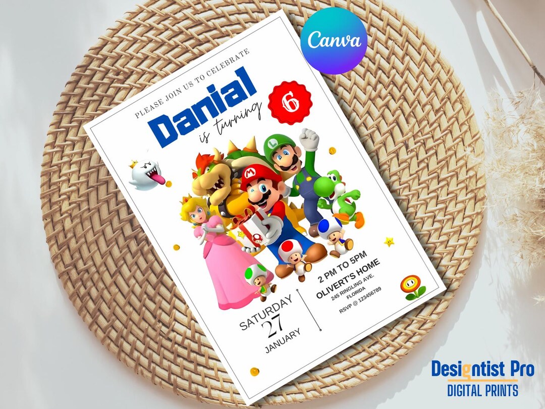 Editable Super Mario Birthday Invitation: Kids Party Theme (canva ...