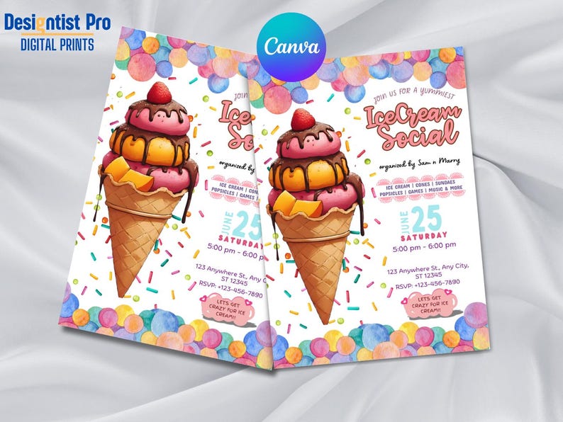 Editable Ice Cream Social Invitation: Canva Template (5x7 In, PDF ...