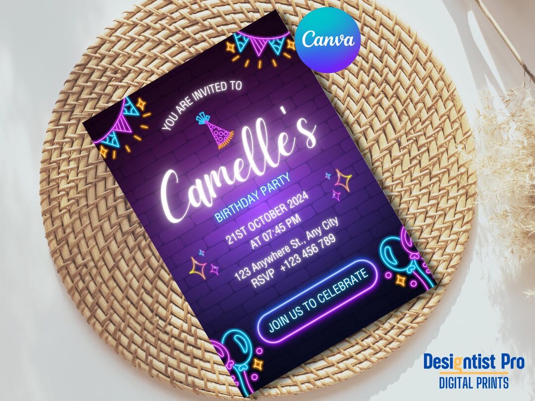Digital Neon Light Birthday Party Invitation Ecard Invite Editable ...