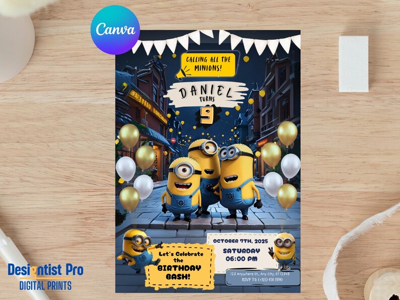 Editable Minion Birthday Invitation: Printable Kids Party Invite (canva ...