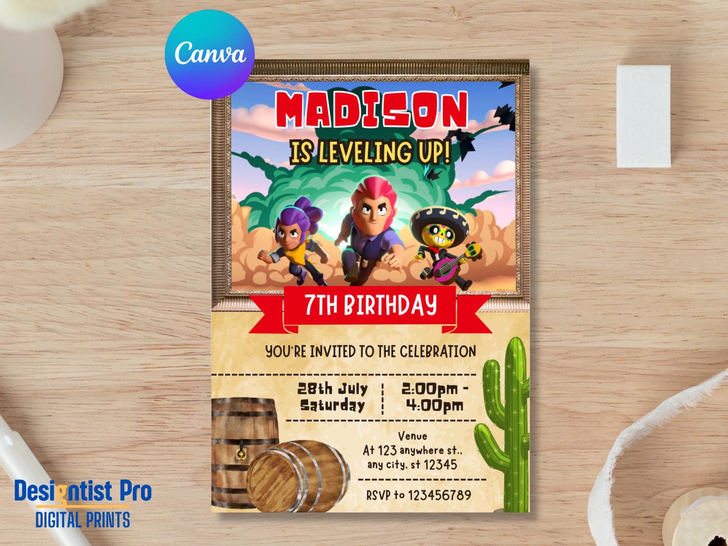 Brawl Stars Invitation Kids Theme Birthday Party Invite Editable Canva ...