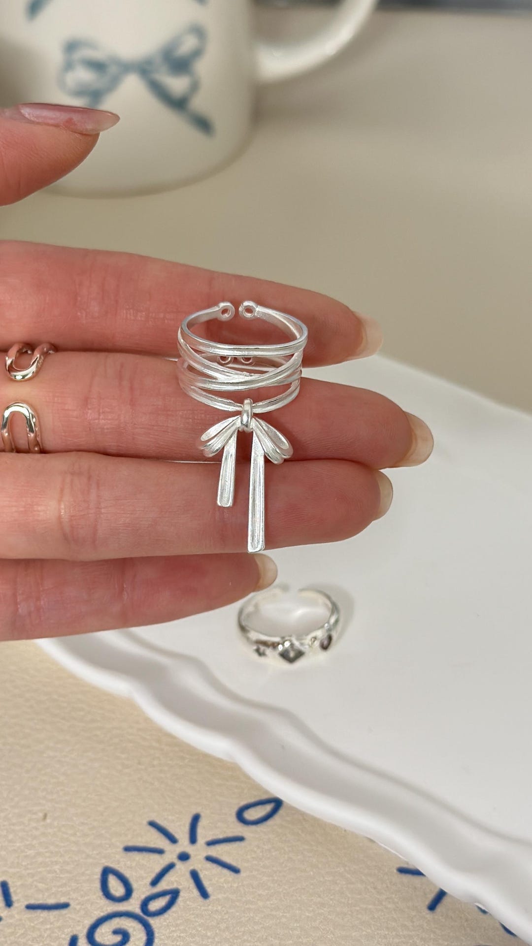 Balletcore Ring - Sterling Silver Ribbon Bow Ring, Adjustable Statement ...
