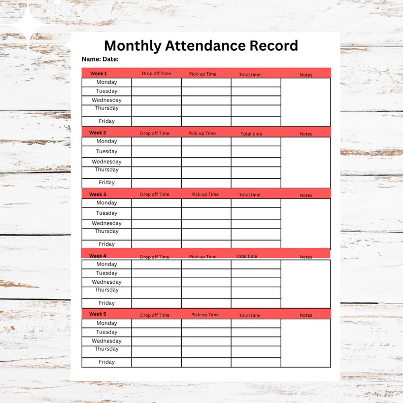 12 Monthly Attendance | for Daycare | Drop in / Pick up | Monday to ...