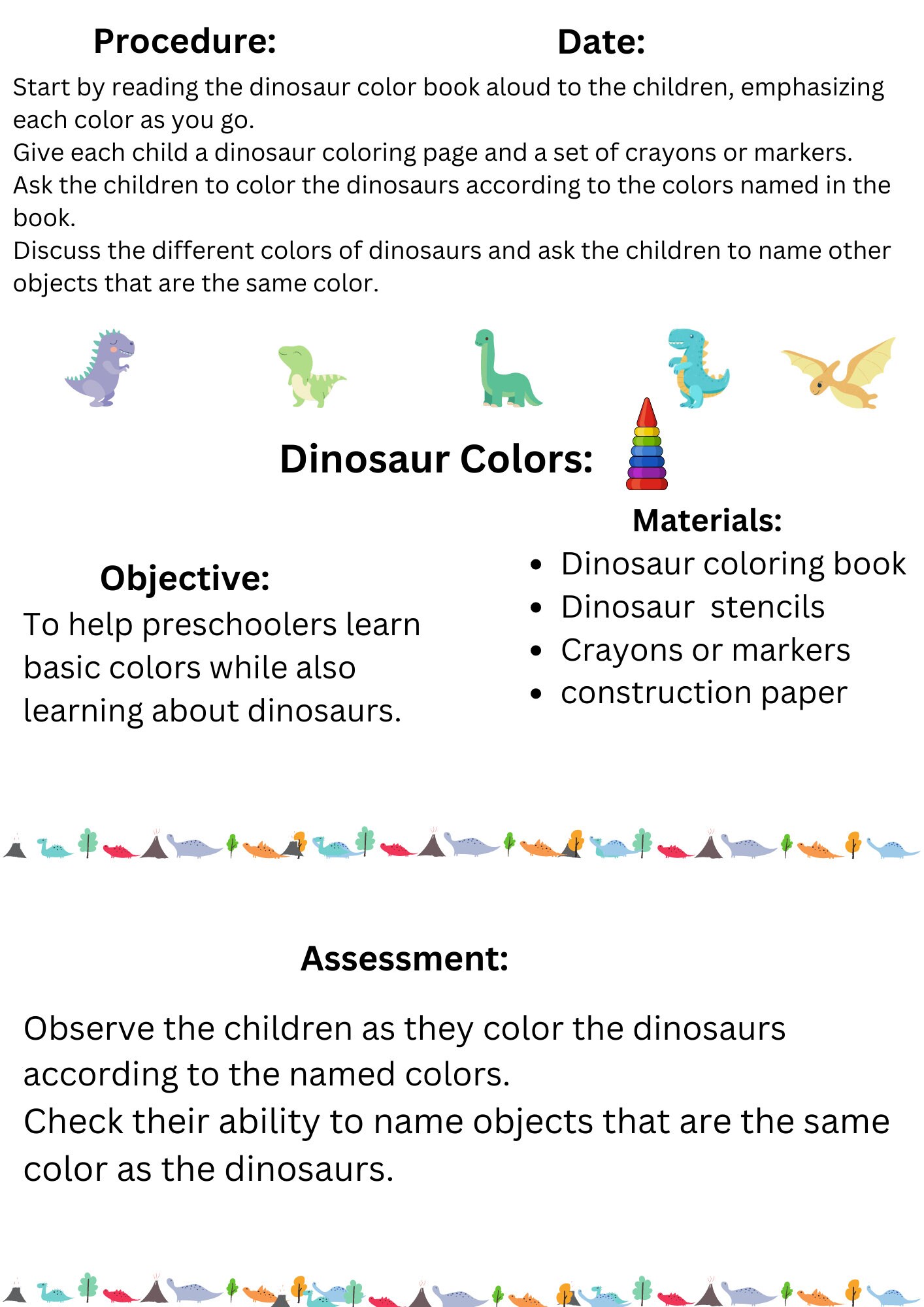 5 Dinosaur Theme Lesson Plan Printable Worksheets, Toddler, Preschool ...