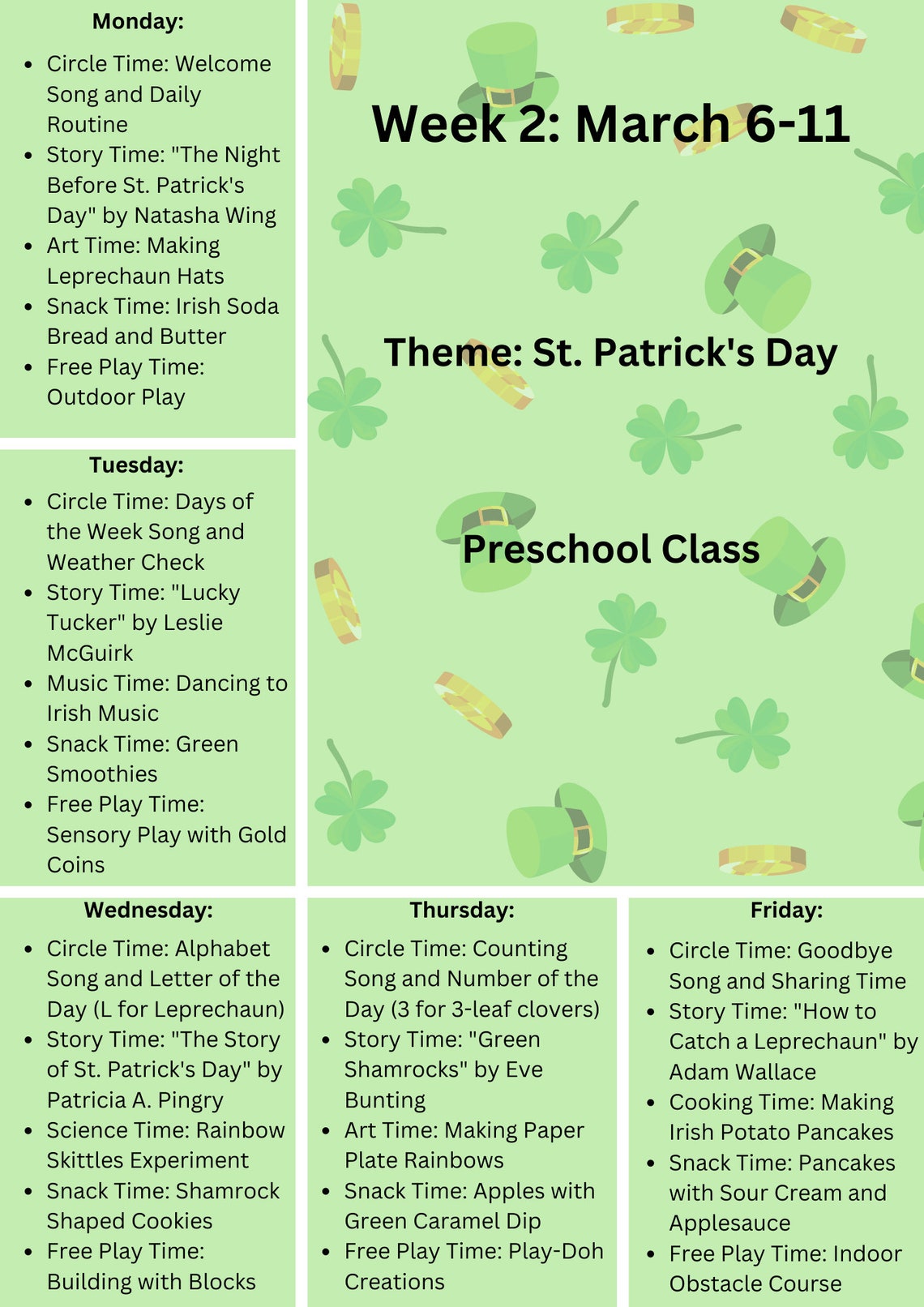 ONE March Lesson Plan and One Activity for Preschool Theme St. - Etsy