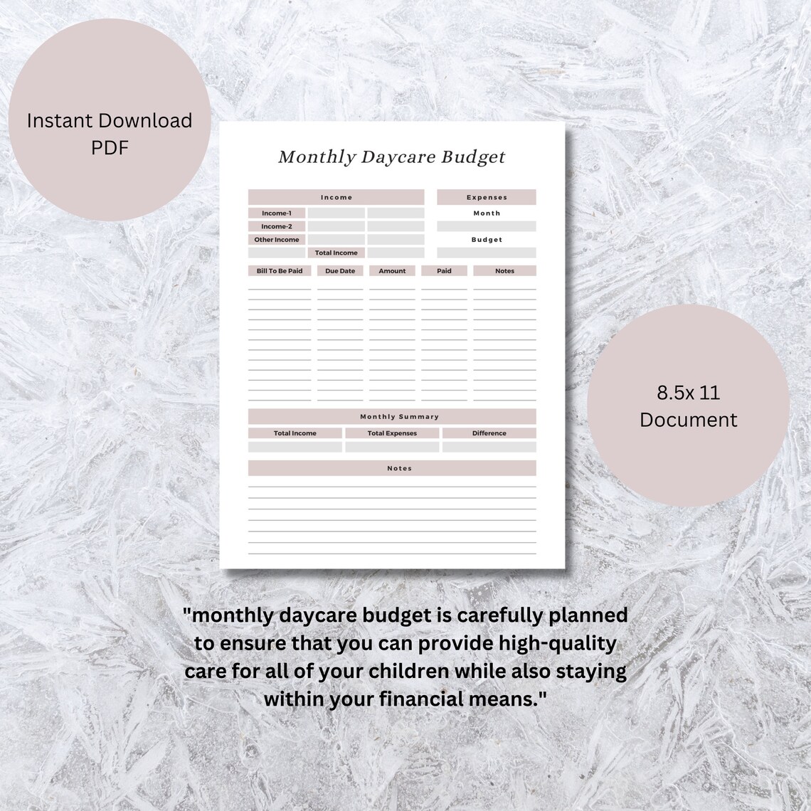 Monthly Daycare Budget Form/home Daycare Budget Sheet/monthly Record of ...
