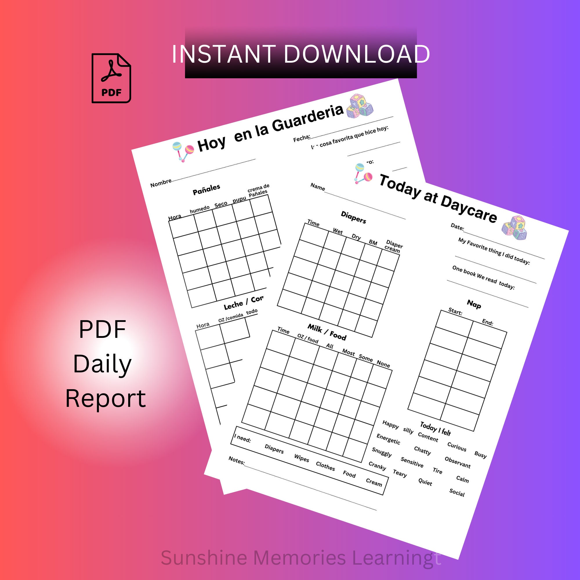 Daily Report for Infants in English and Spanish - Etsy