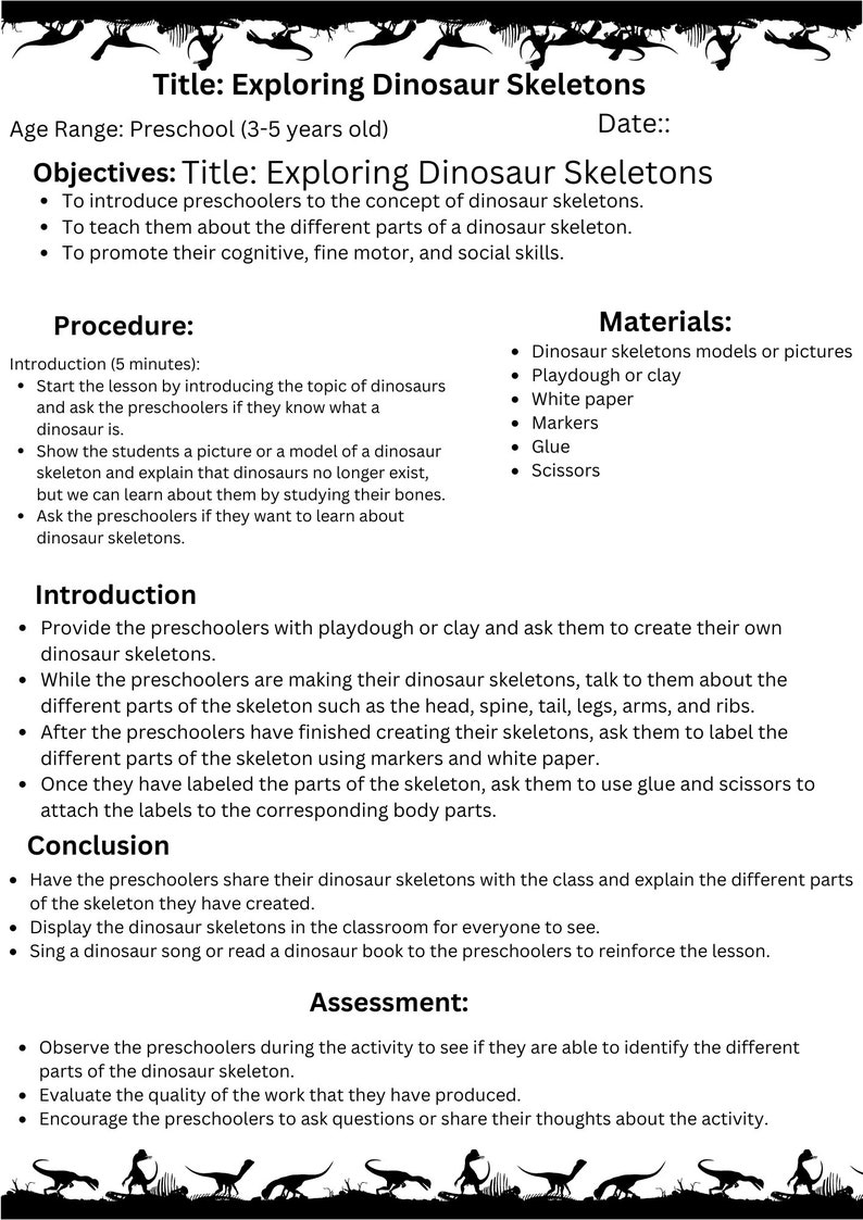 5 Dinosaur Theme Lesson Plan Printable Worksheets, Toddler, Preschool ...