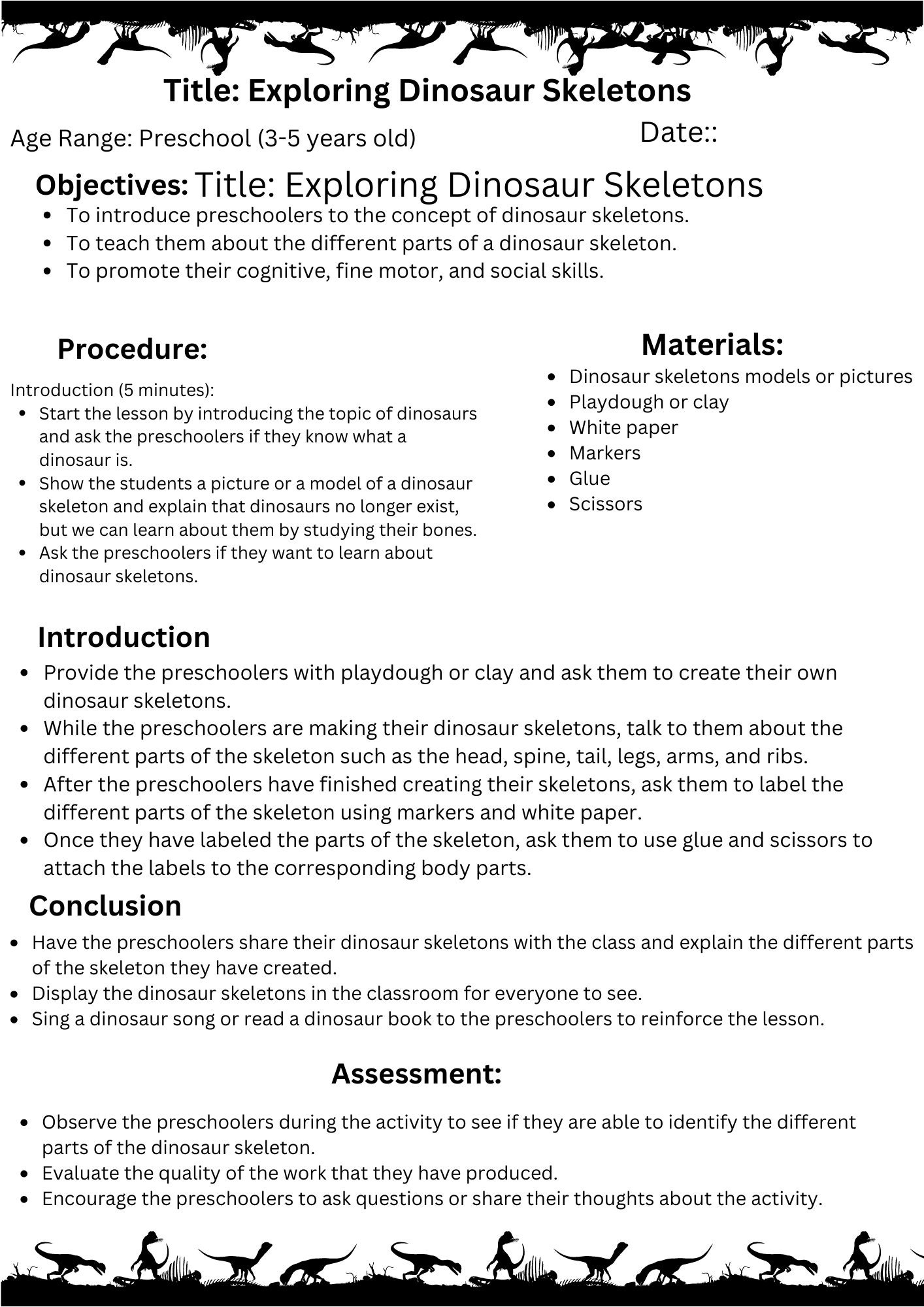 5 Dinosaur Theme Lesson Plan Printable Worksheets, Toddler, Preschool ...