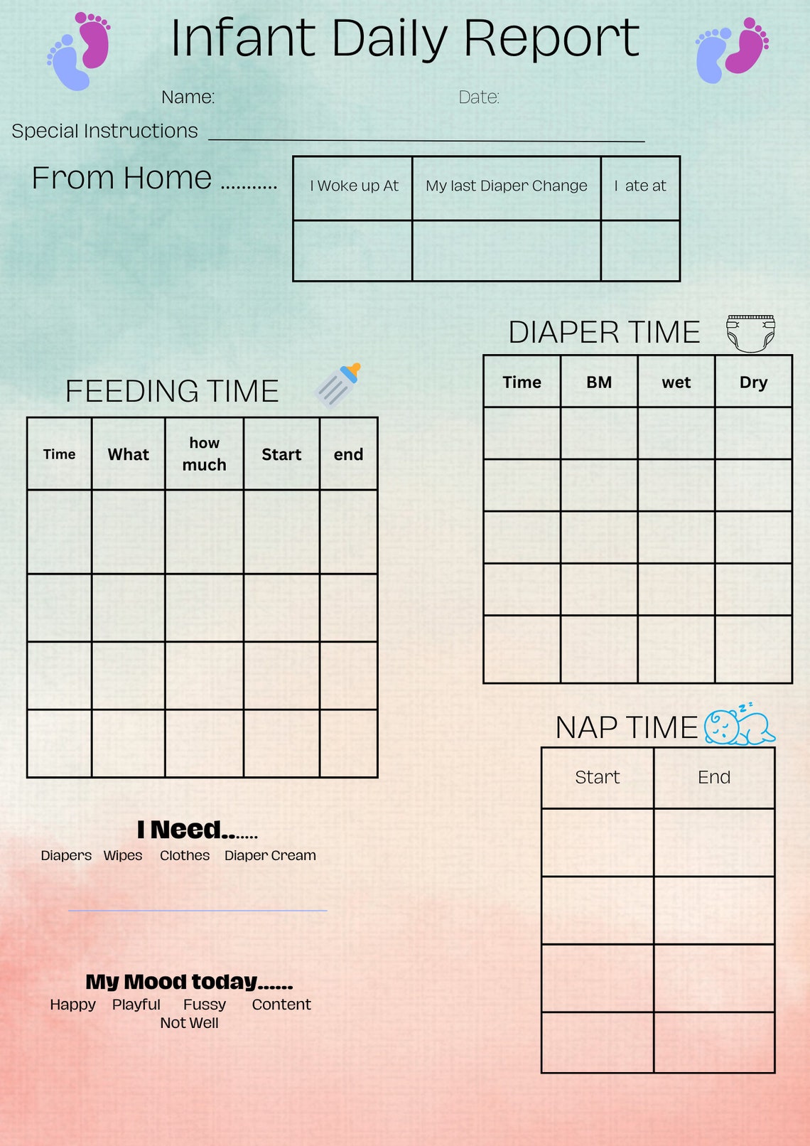 Infant Daily Report, Childcare Template Daily L, Nanny, Babysitter ...