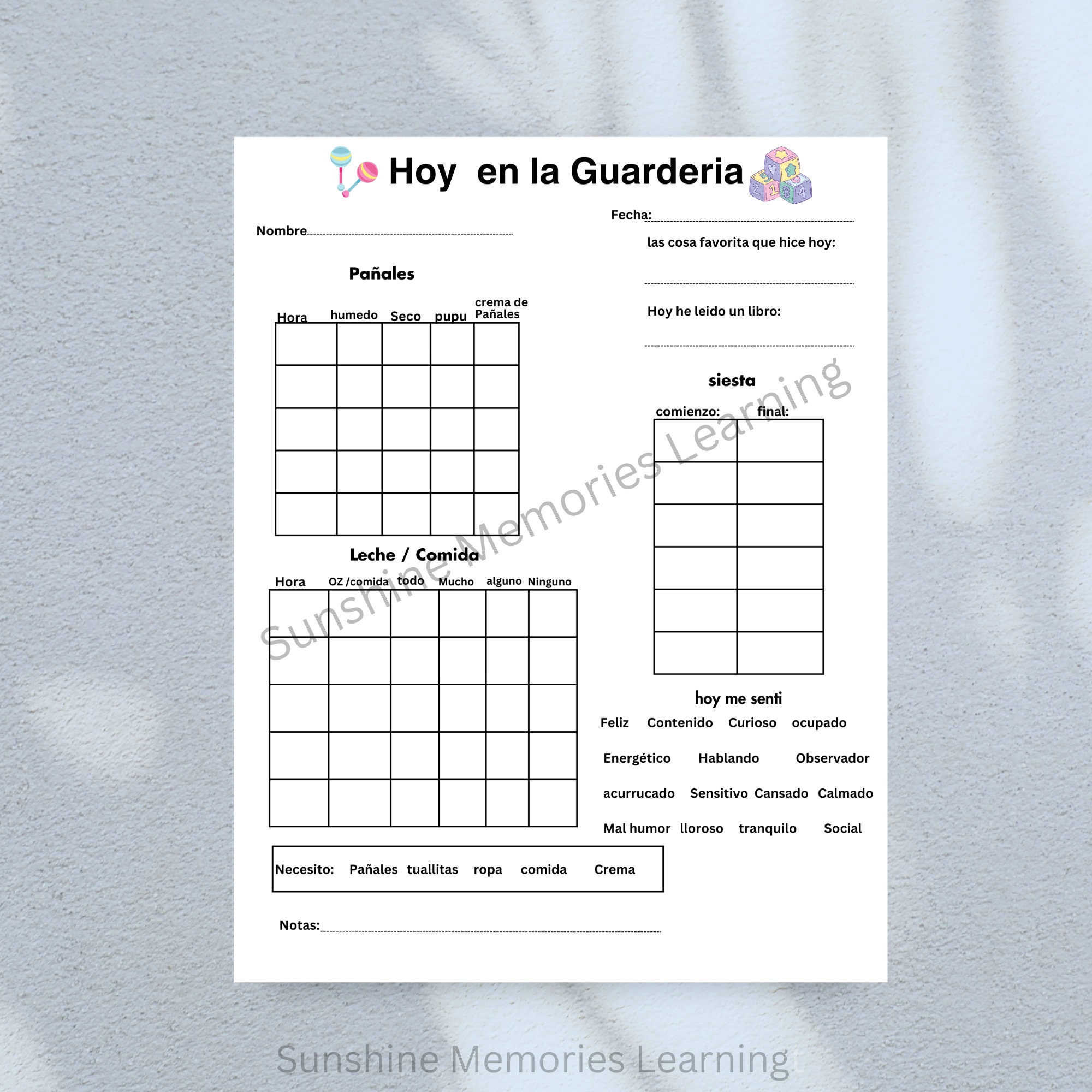 Daily Report for Infants in English and Spanish - Etsy
