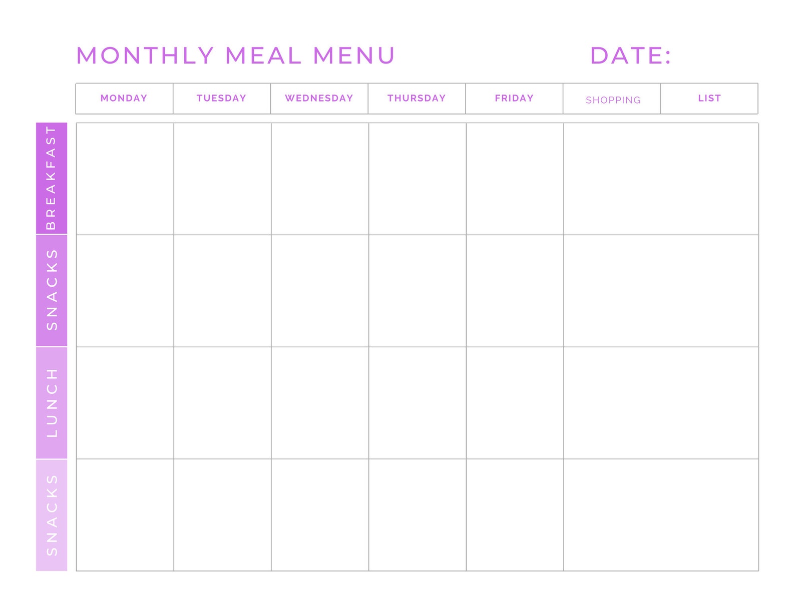 Printable Kid's Meal Planner, Menu Plan & Prep, Weekly Food Template ...