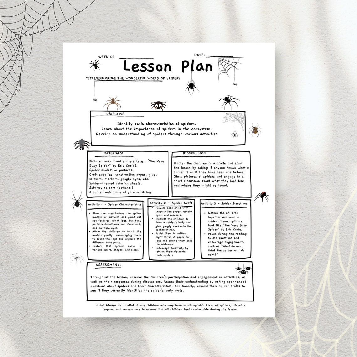 Lesson Plan Spider Exploration for Children - Etsy
