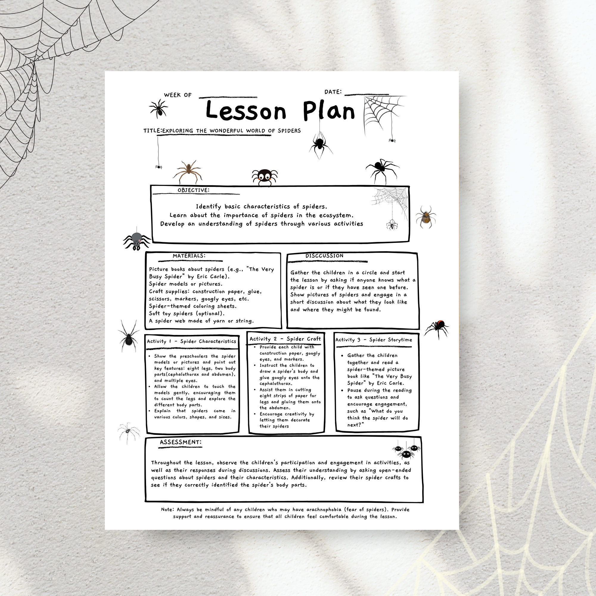 Lesson Plan Spider Exploration for Children - Etsy