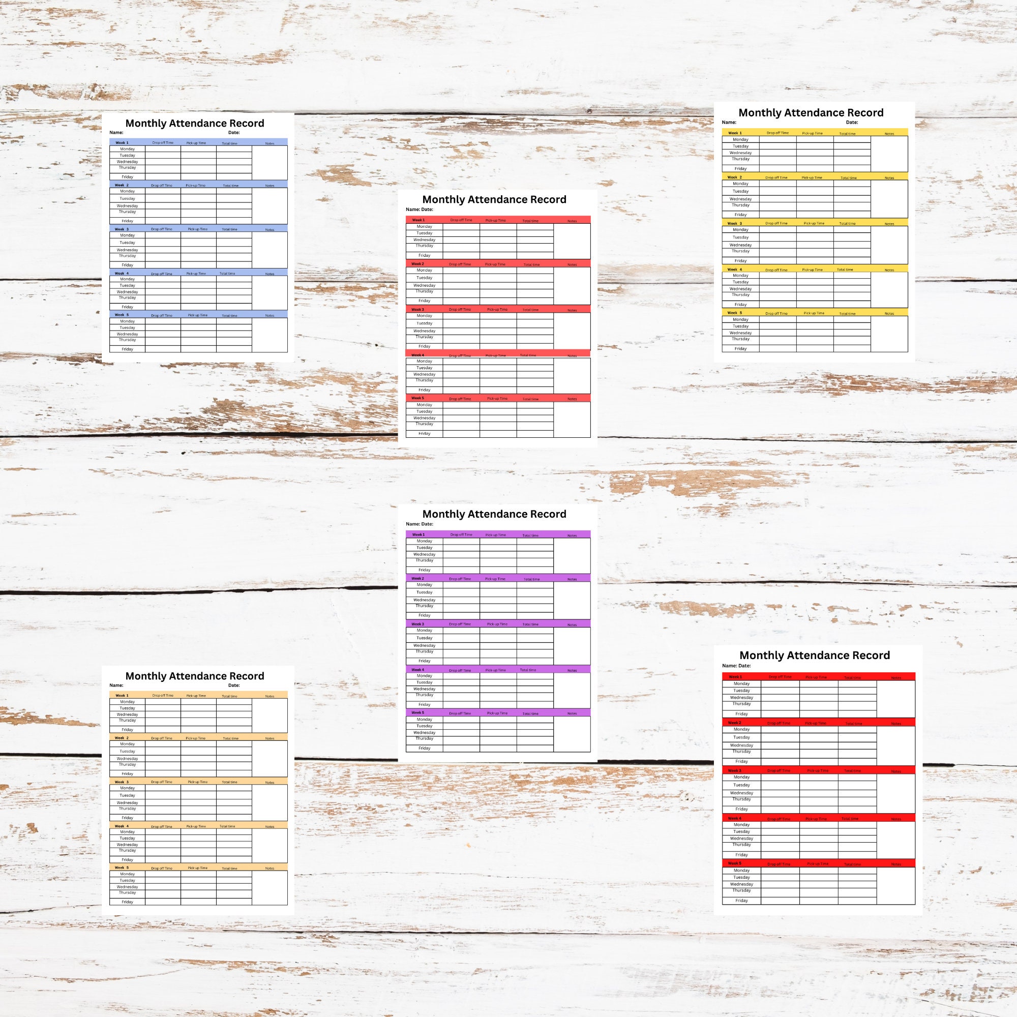 12 Monthly Attendance | for Daycare | Drop in / Pick up | Monday to ...