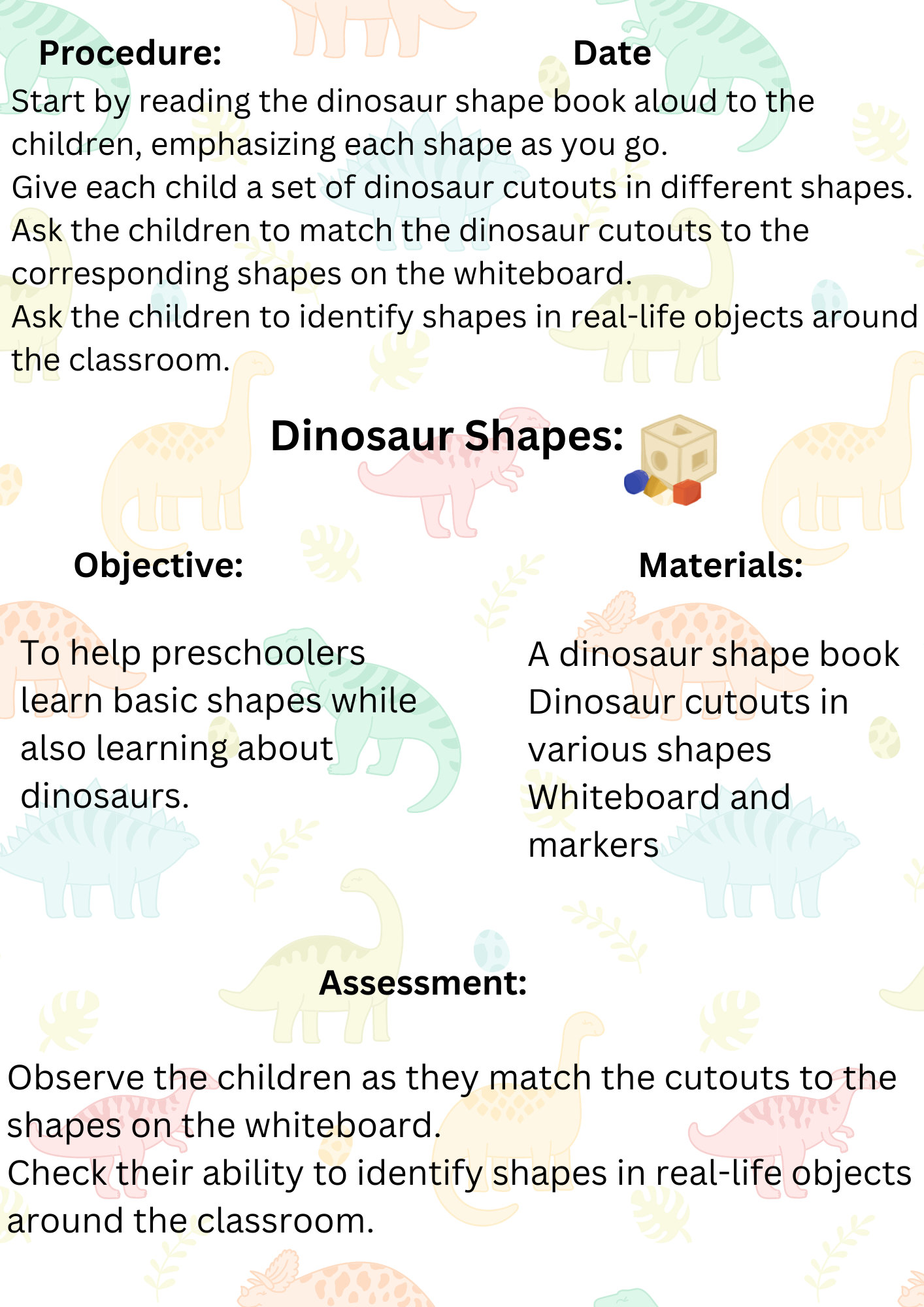 5 Dinosaur Theme Lesson Plan Printable Worksheets, Toddler, Preschool ...