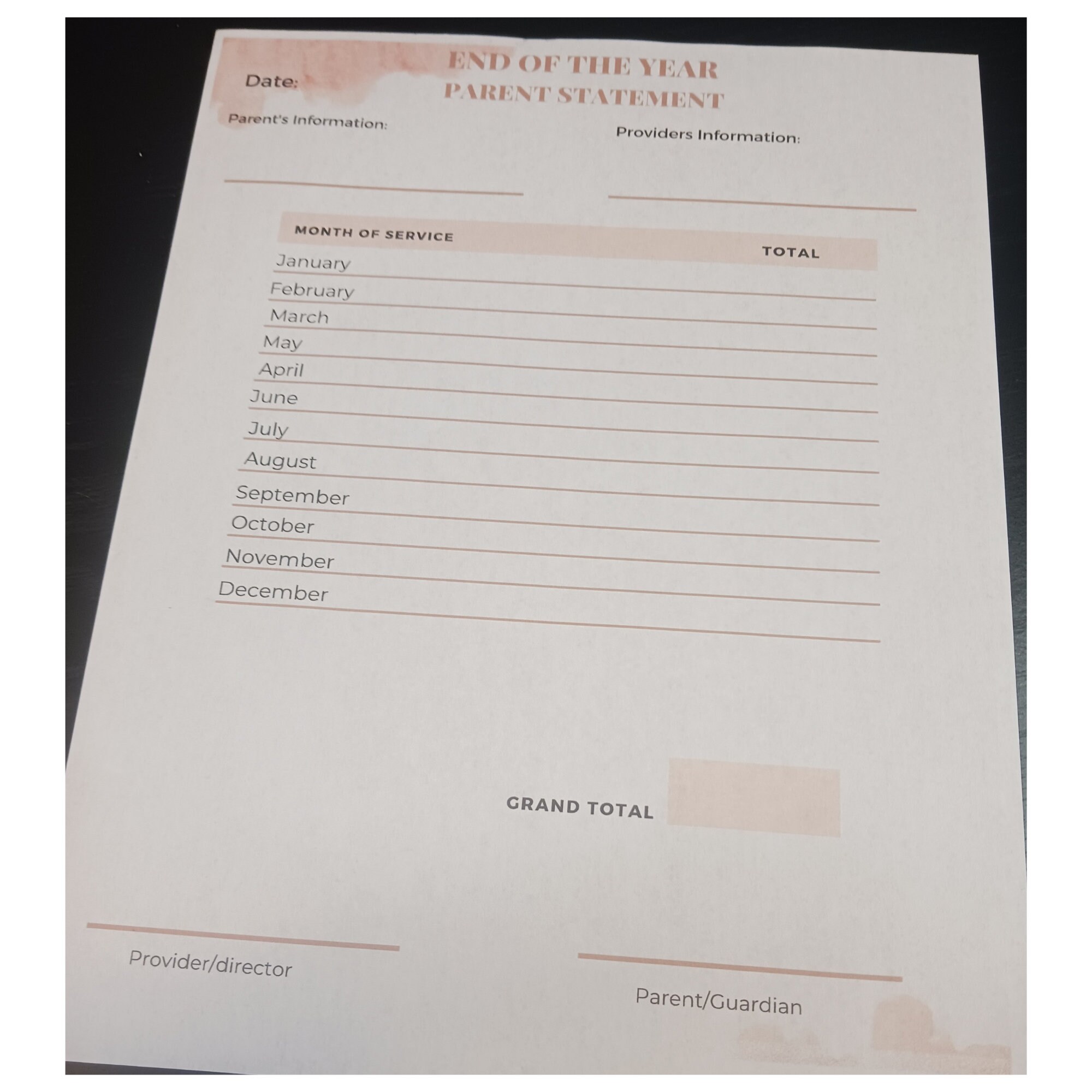 The End-of-year Tax Form/yearly Parent Form From Daycare/record of ...