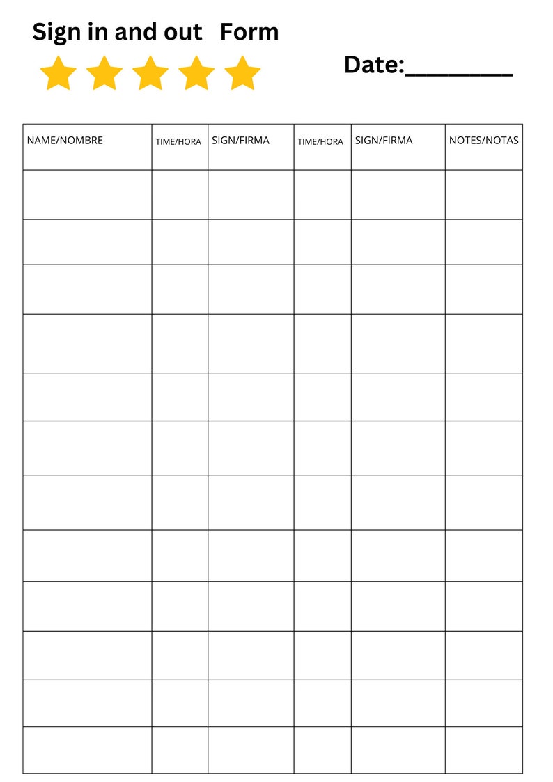 Sign in Sheet Daycare Sign in Sheet Sign in and Out Form - Etsy