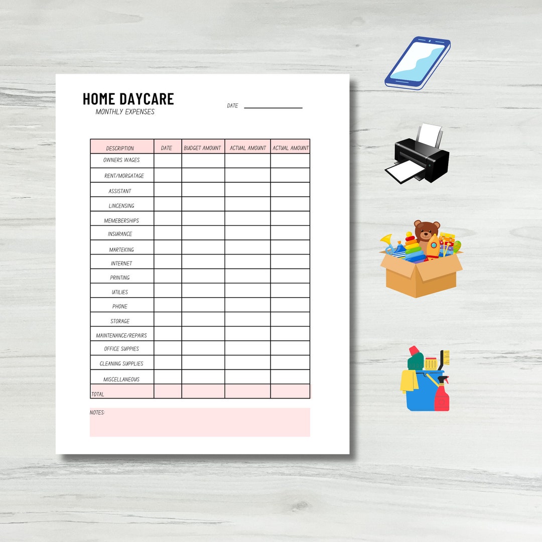 Pink Monthly Expense Form for Home Daycare - Etsy