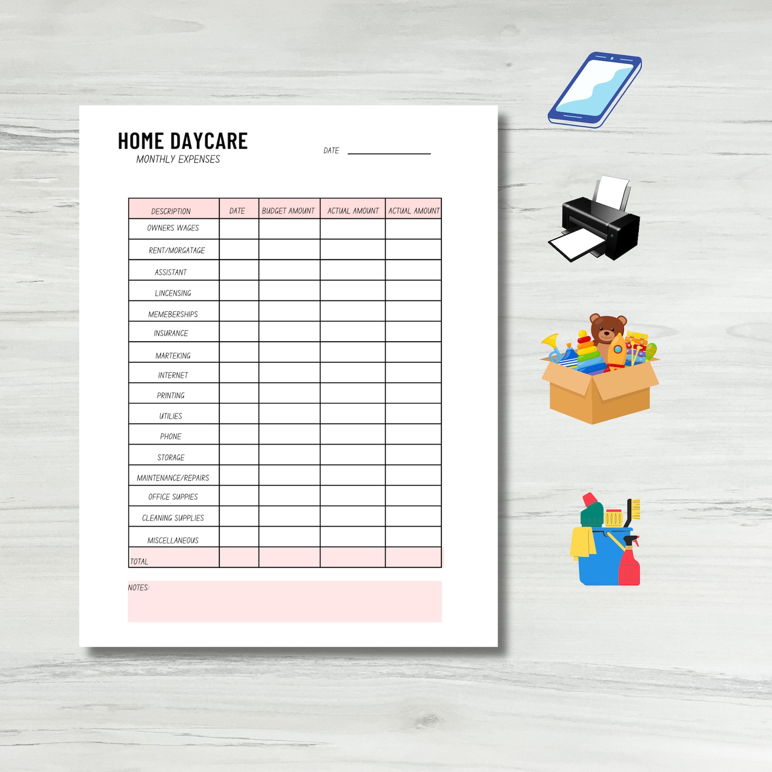 Pink Monthly Expense Form for Home Daycare - Etsy