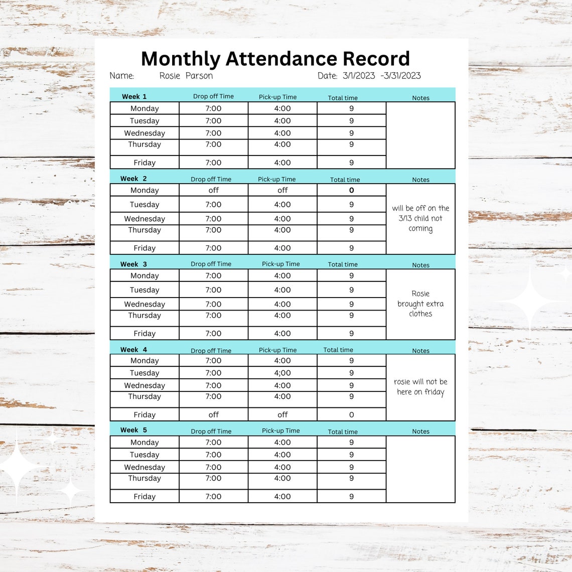 12 Monthly Attendance | for Daycare | Drop in / Pick up | Monday to ...