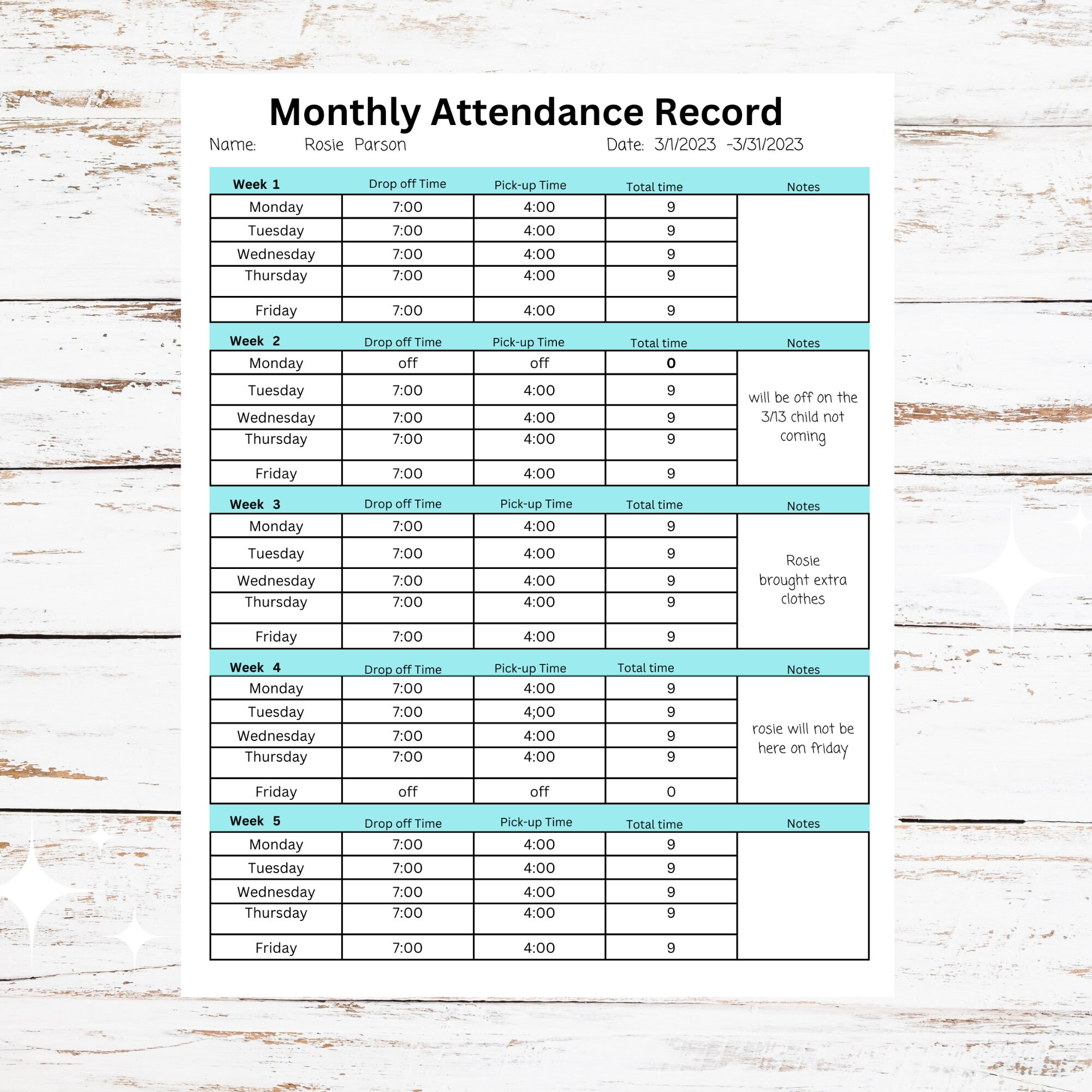 12 Monthly Attendance | for Daycare | Drop in / Pick up | Monday to ...