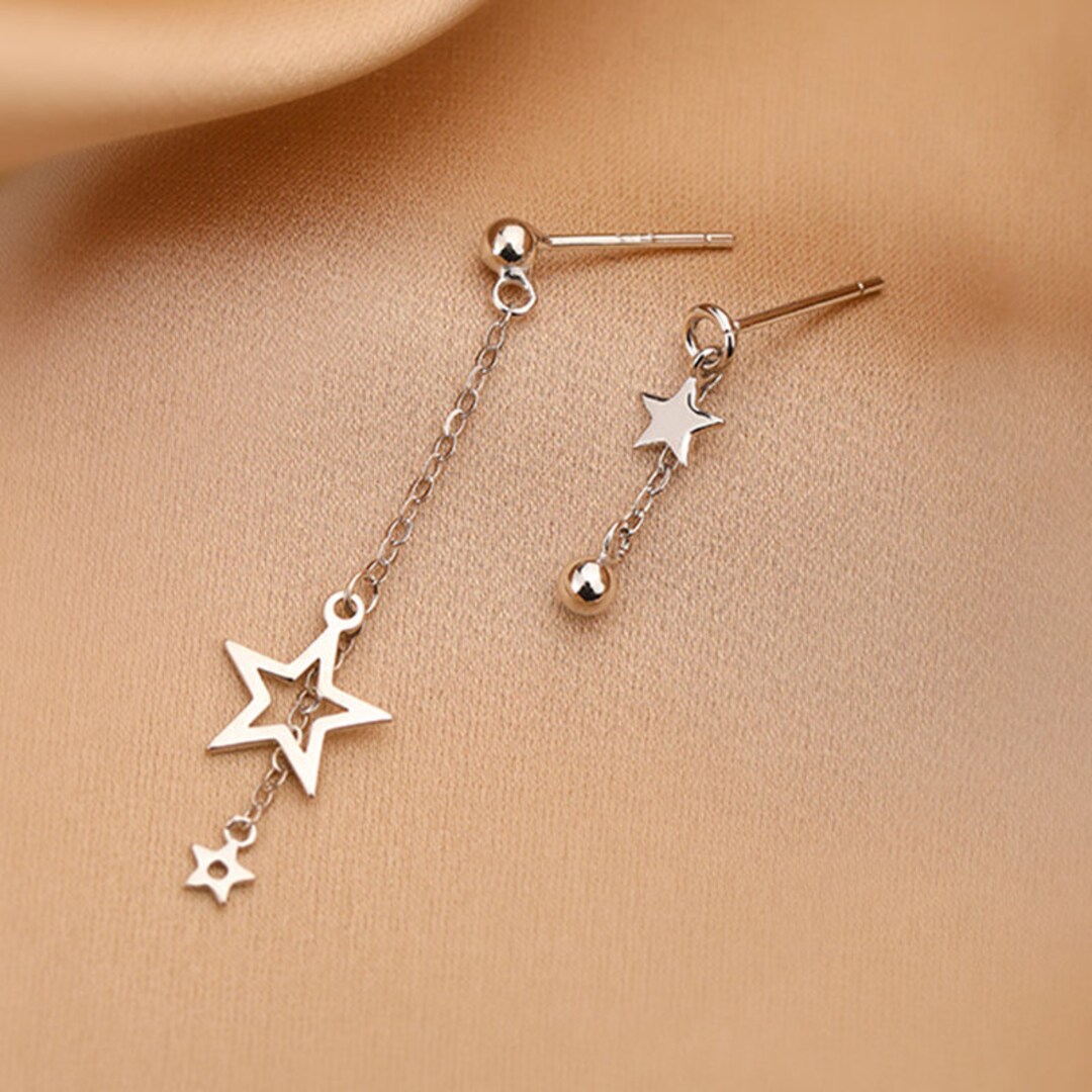 Silver Mismatched Korean Star Tassel Earrings, Moon and Star Earrings ...