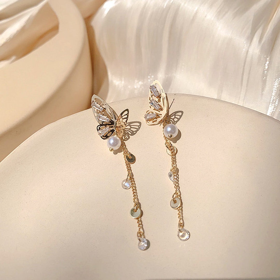 Gold Korean Butterfly Pearl Tassel Earrings, Animal Dangle Drop ...
