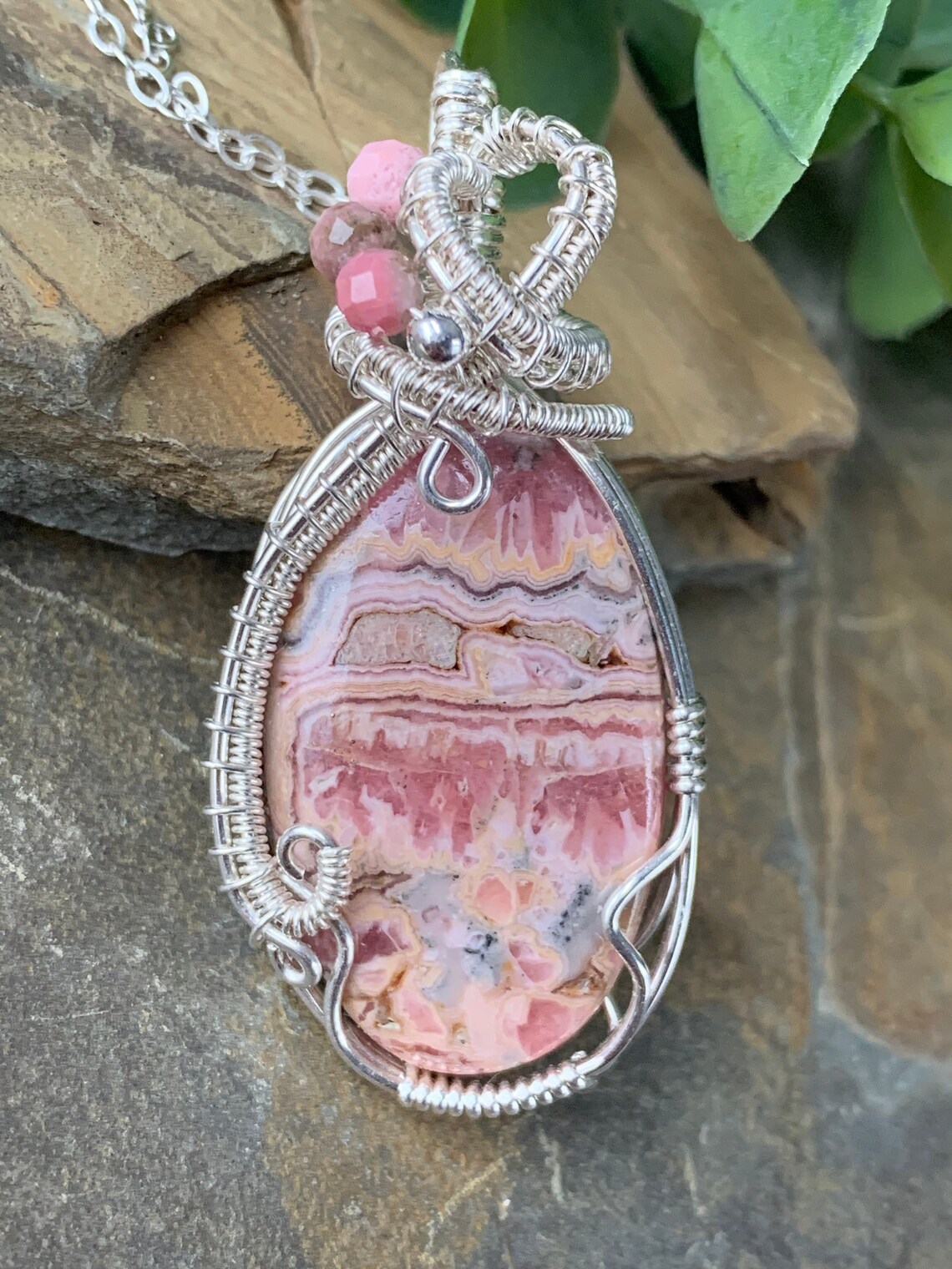 Pink Rhodochrosite Sterling Silver Handmade Wire Wrapped Necklace - Etsy