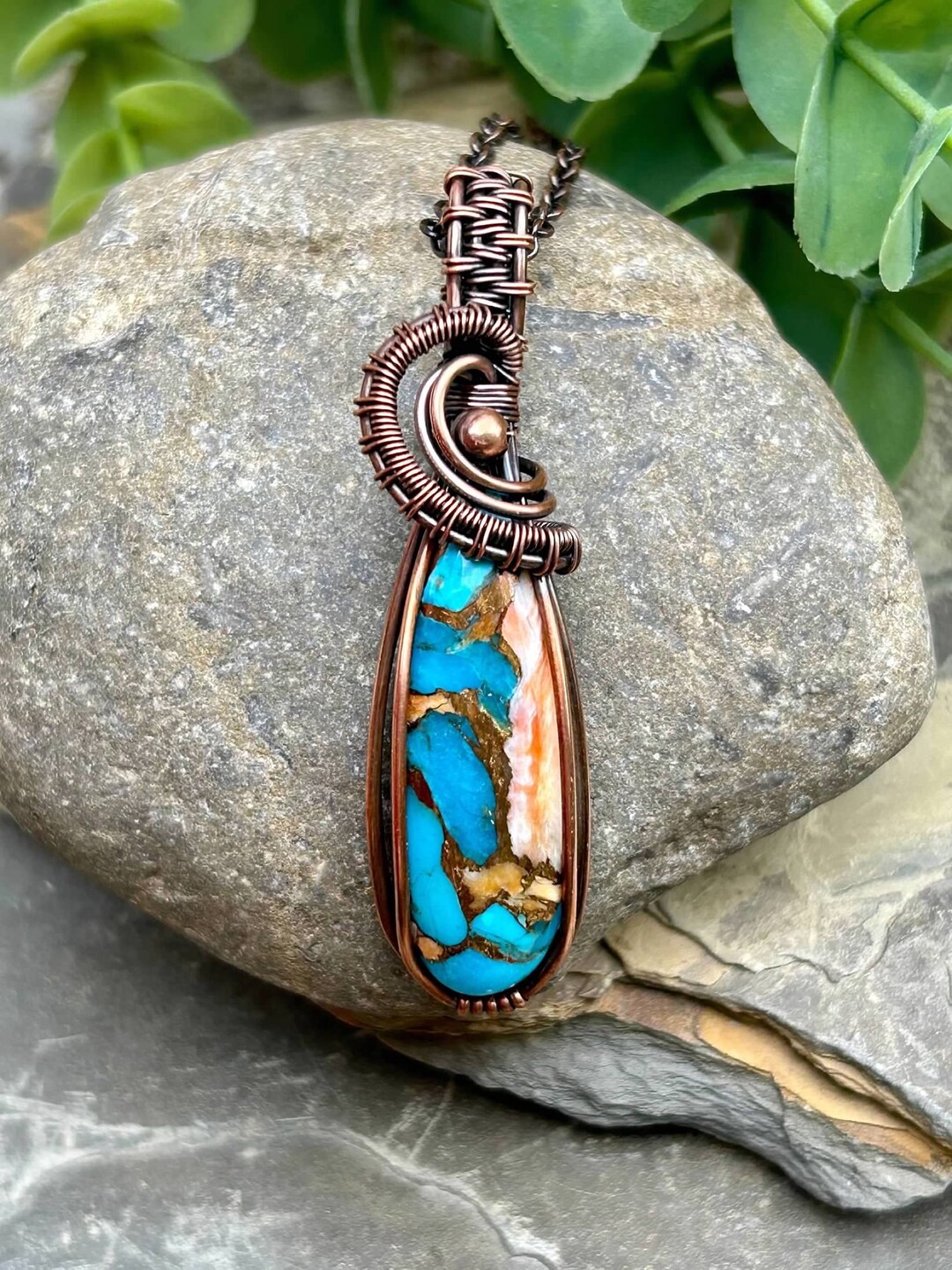 Spiny Oyster Copper Turquoise Necklace, Handmade Necklace, Wire Wrapped ...