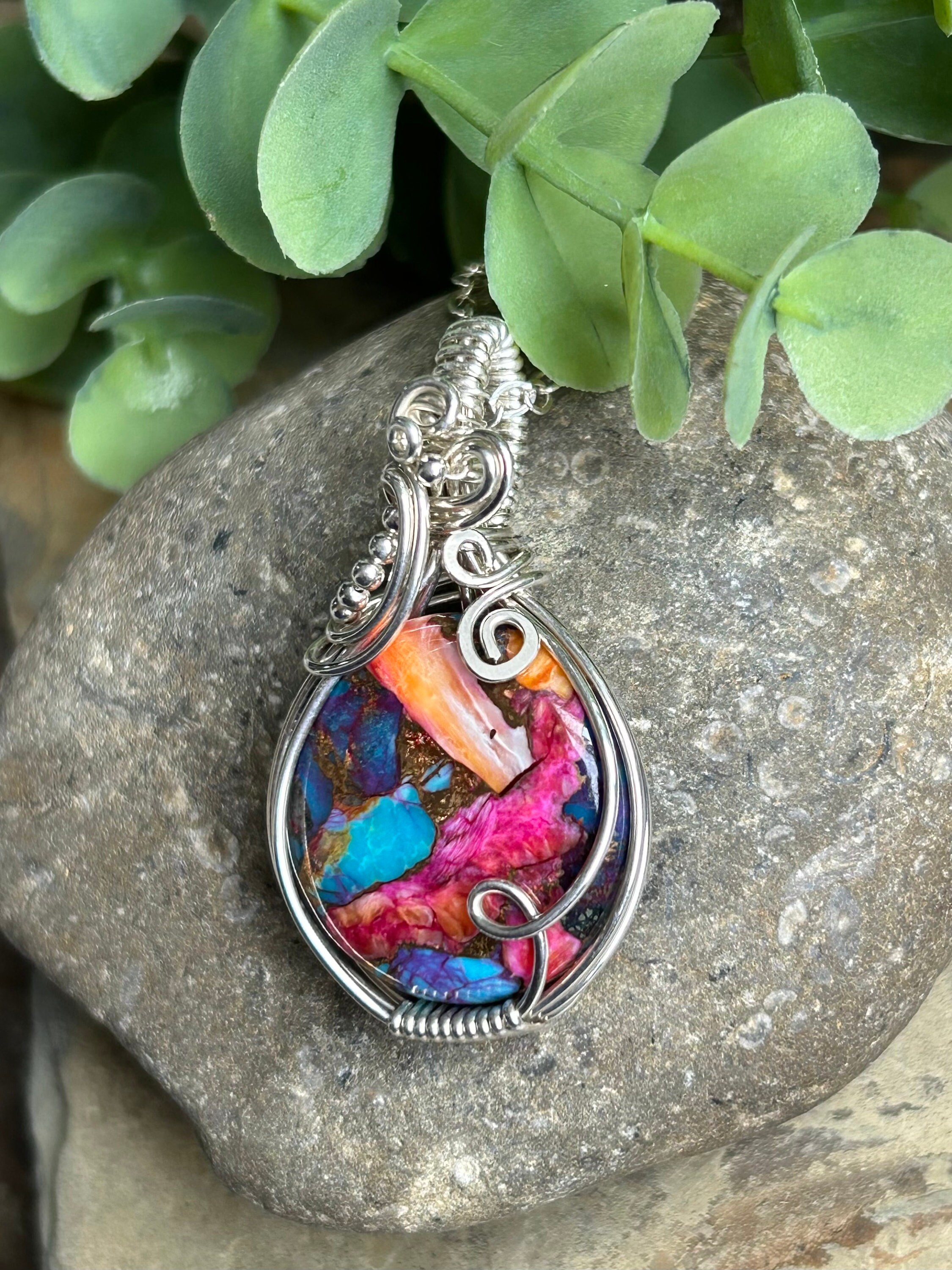 Spiny Oyster Copper Turquoise Sterling Silver Necklace, Wire Wrapped ...