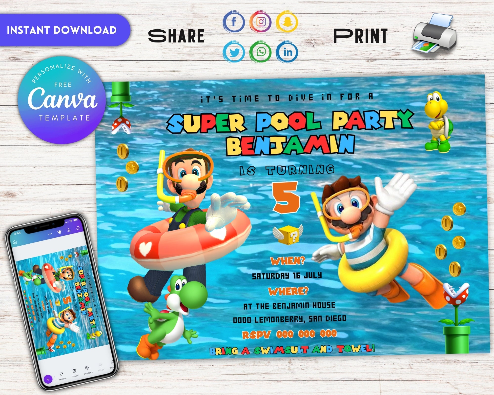 Super Mario and Luigi Pool Party Birthday Invitation Birthday ...