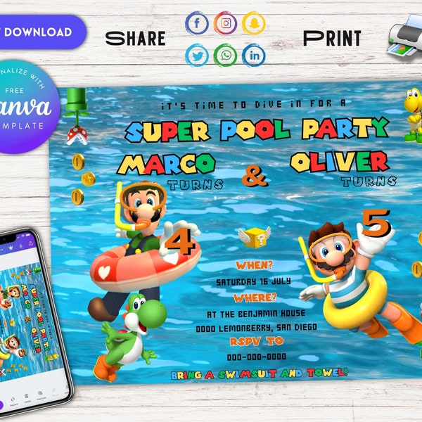 Super Mario Pool Party Sibling Invitation - Etsy