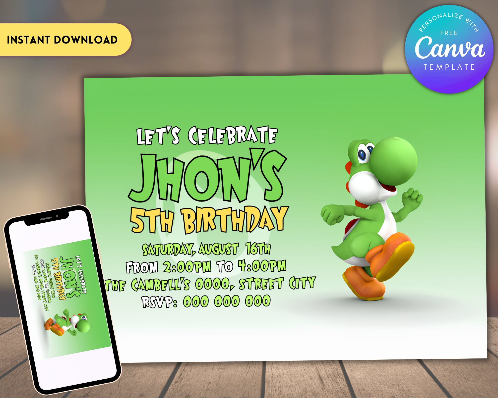 Yoshi Birthday Party Invitation for Girls Birthday Invitation Super ...