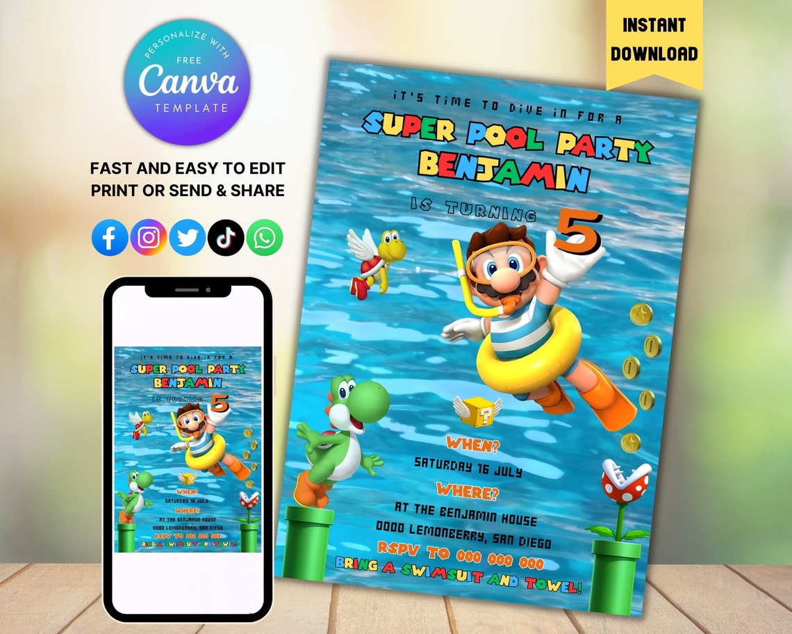 Editable Super Mario Pool Party Birthday Invitation Template Birthday ...