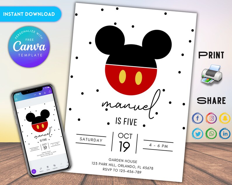 Editable Mickey Mouse Clubhouse 1st Birthday Party Invitation