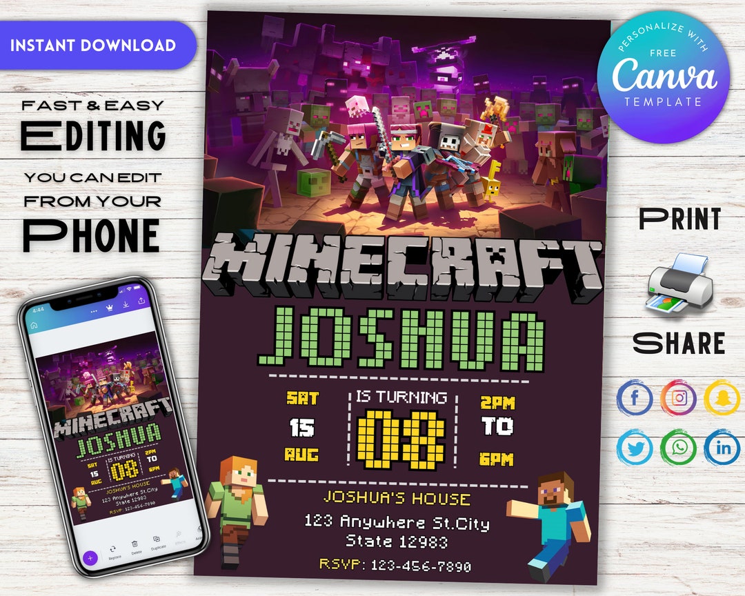 Editable Minecraft Birthday Invitation Template, Minecraft Party ...