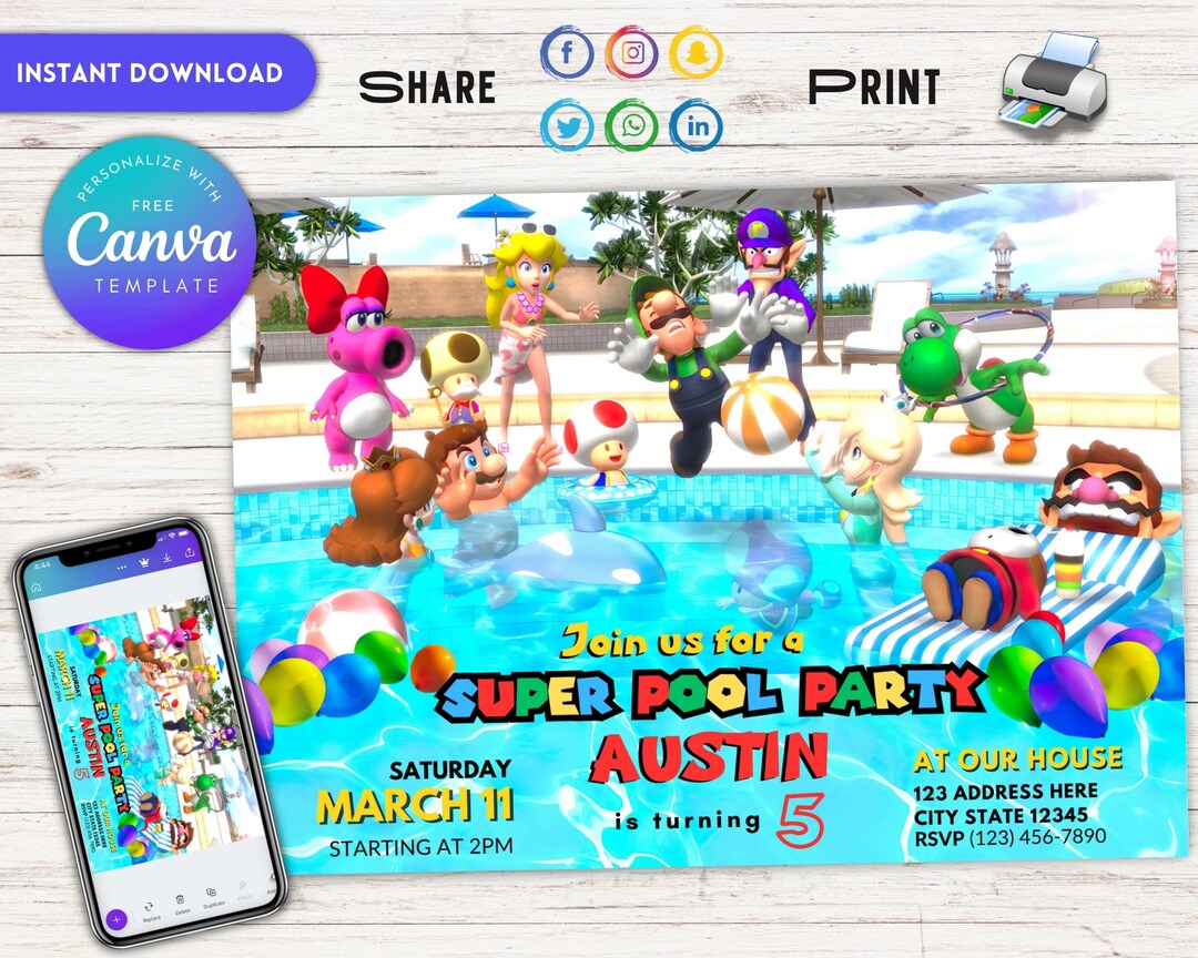 Super Mario Pool Party Birthday Invitation, Birthday Invitation, Mario ...