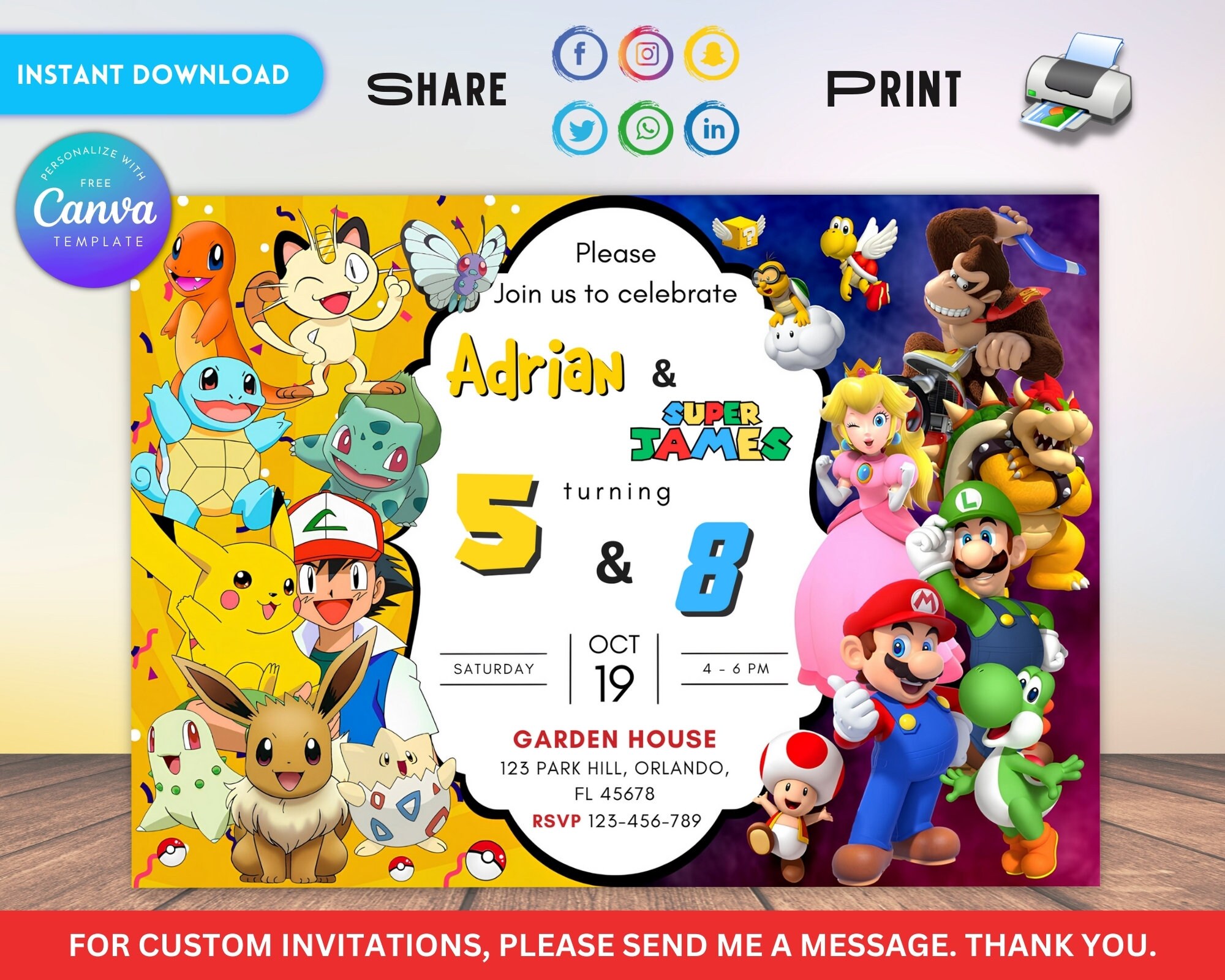 Editable Two Themes Sibling Birthday Party Invitation, Double Birthday ...