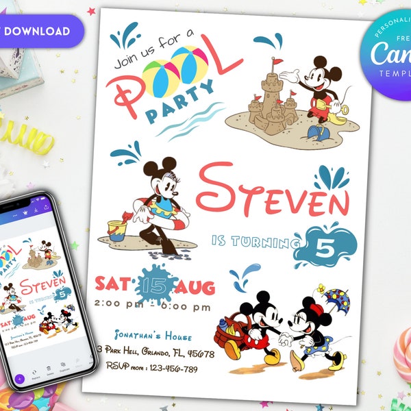 Mickey Mouse Pool Invitation Digital - Etsy