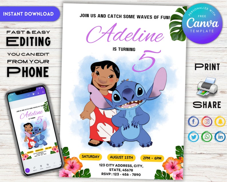 Editable Lilo And Stitch Birthday Invitation Template Printable