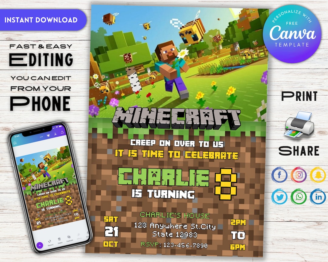 Editable Minecraft Birthday Invitation Template Minecraft - Etsy