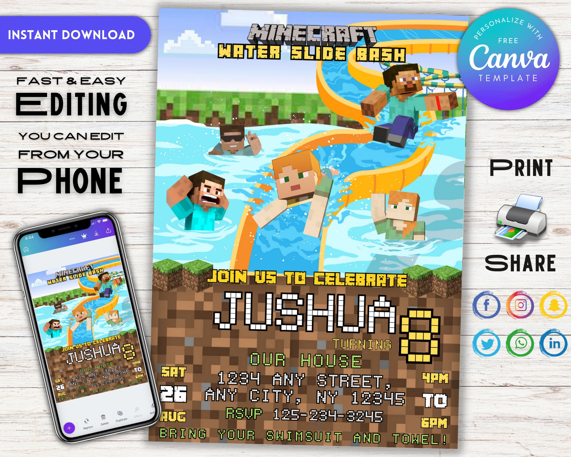 Editable Minecraft Pool Party Birthday Invitation Template, Waterslide ...