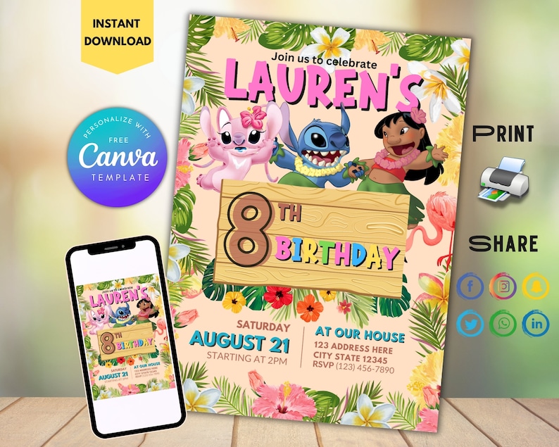 Lilo And Stitch Birthday Invitation Template Editable Cartoon Birthday