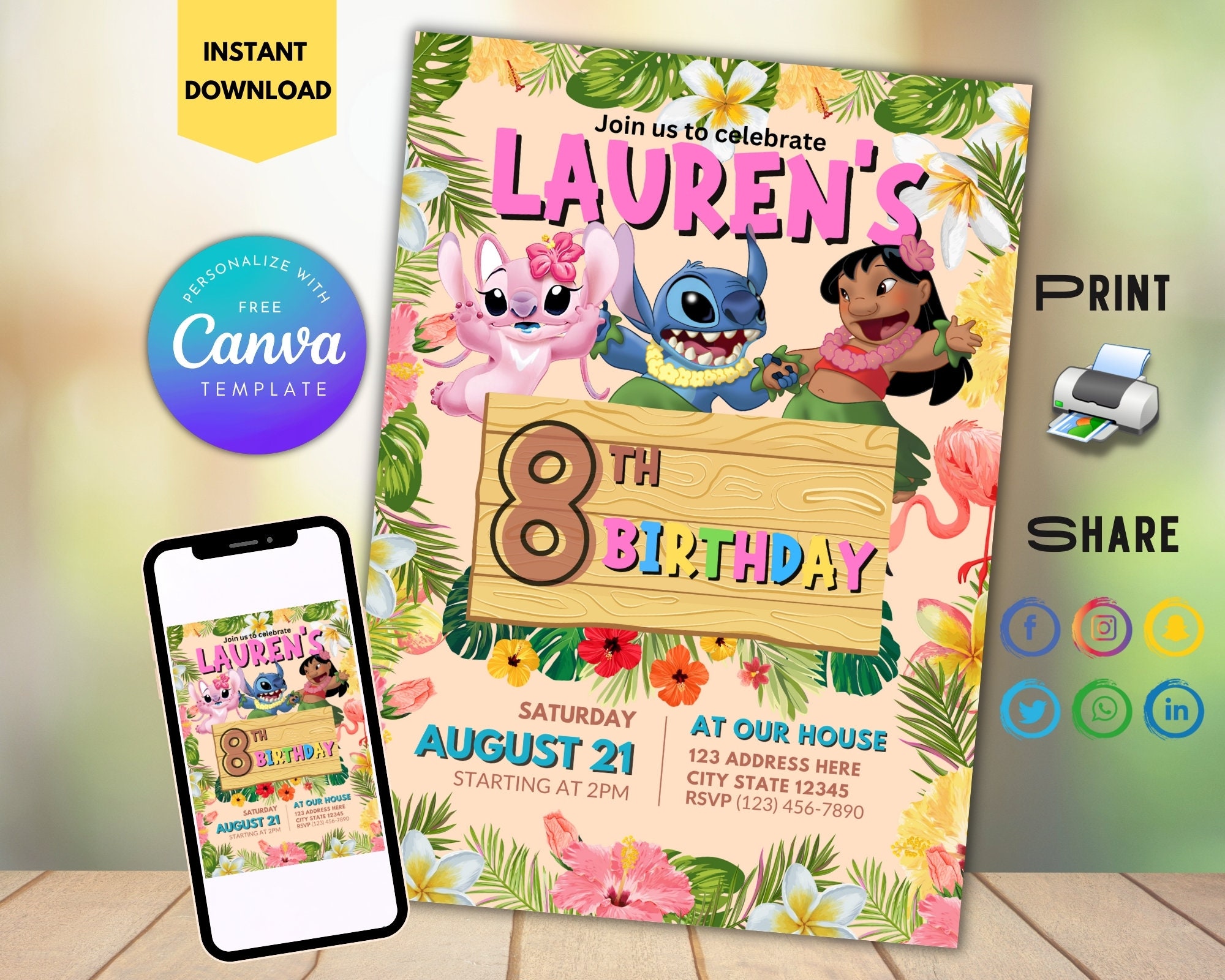 Plantilla de invitación de cumpleaños de Lilo y Stitch, invitación de ...