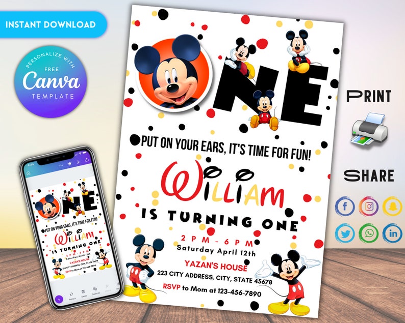 Editable Mickey Mouse Clubhouse 1st Birthday Party Invitation Etsy