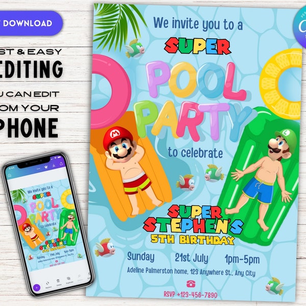Pool Party Invitation Super Mario - Etsy