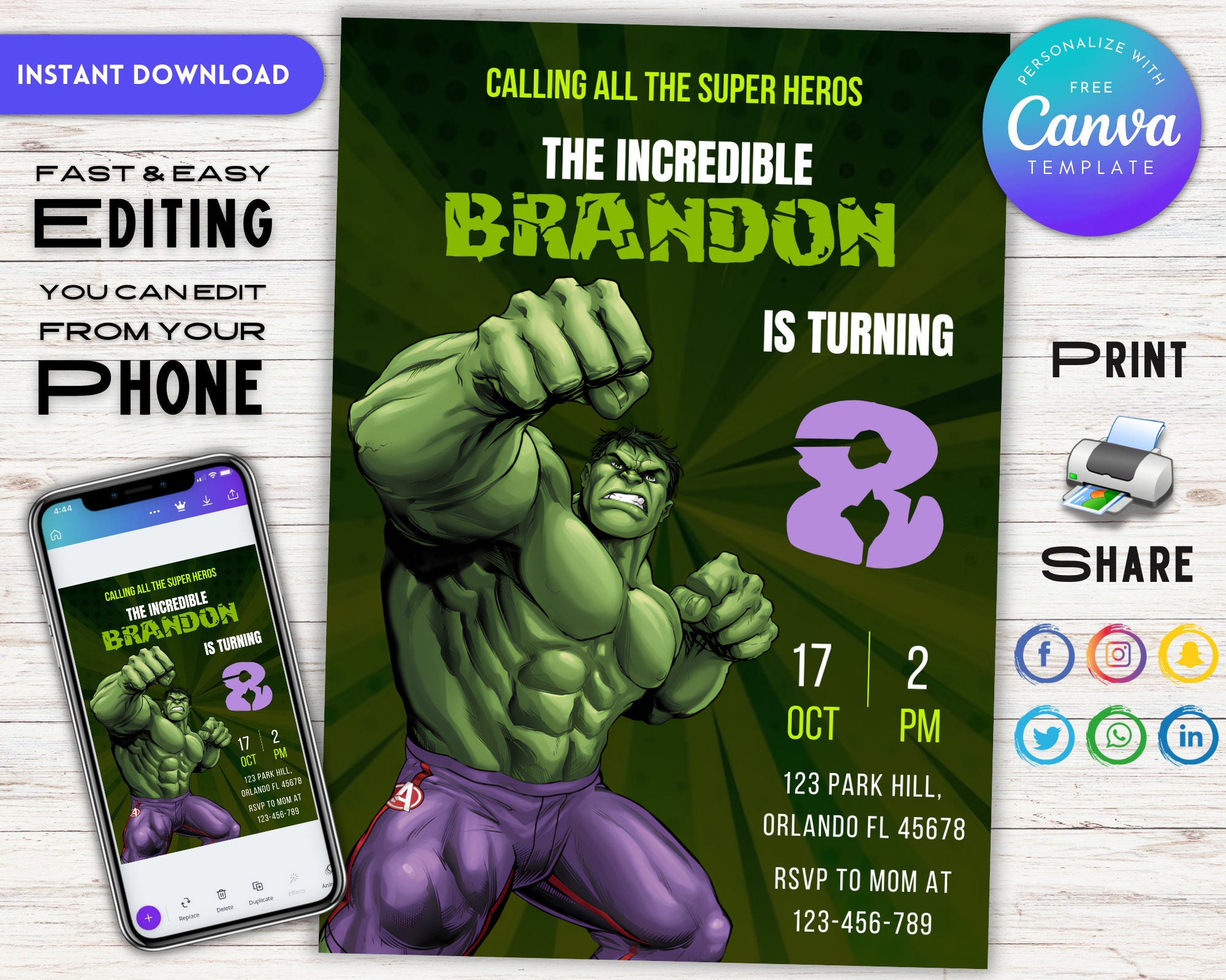 Editable Hulk Birthday Party Invitation Canva Template Instant Download ...